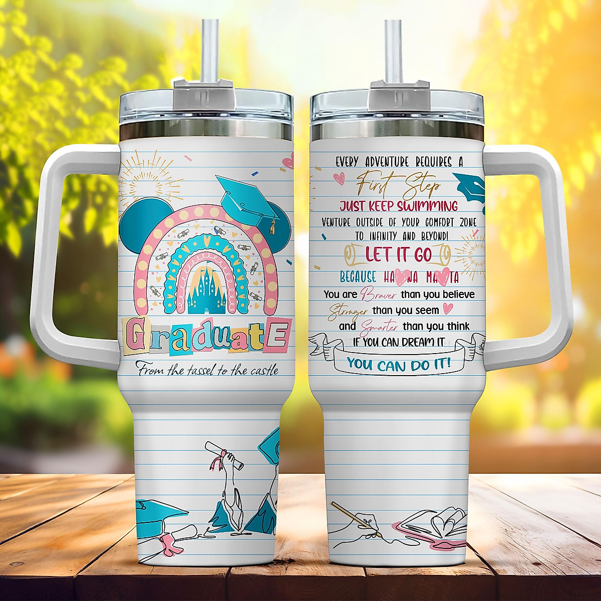 99WHALE Graduation Castle Adventure, Tumbler 40 Oz With Handle Lid And Straw, Graduation Gifts, Tumblers Rainbow Gold Senior White Class Handle Of Purple Royal Teal Blue Heart