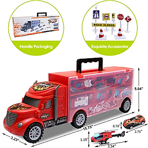 Toddler Toys for 3-4 Year Old Boys,Large Transport Cars Carrier Set Truck Toys with 12 Die-cast Vehicles Truck Toys Cars,Ideal Christmas Easter Valentines Day Gifts Toys for Kids Age 3-7 (Red)