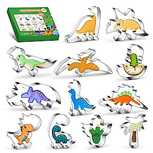12PCS Dinosaur Cookie Cutters Set - ISZW Stainless Steel Metal Dinosaur Theme Shapes Baking Mold for Kids Baking, Metal Cookie Cutter Molds for Kids Birthday Party DIY Cake Decoration