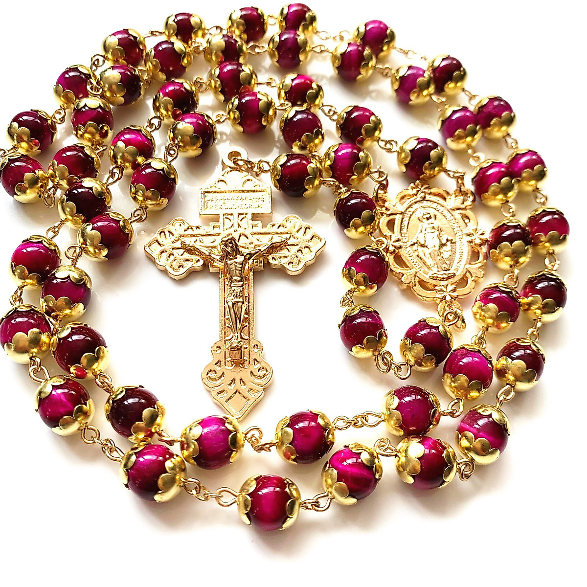 elegantmedical HANDMADE Red Tiger Eye Prayer Beads Catholic Rosary Necklace Gift Box Italy Crucifix Gold (red)