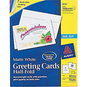 Avery Half-Fold Greeting Cards, Inkjet, 5.5 x 8.5, Matte White, Box of 30, Envelopes Included (8316)