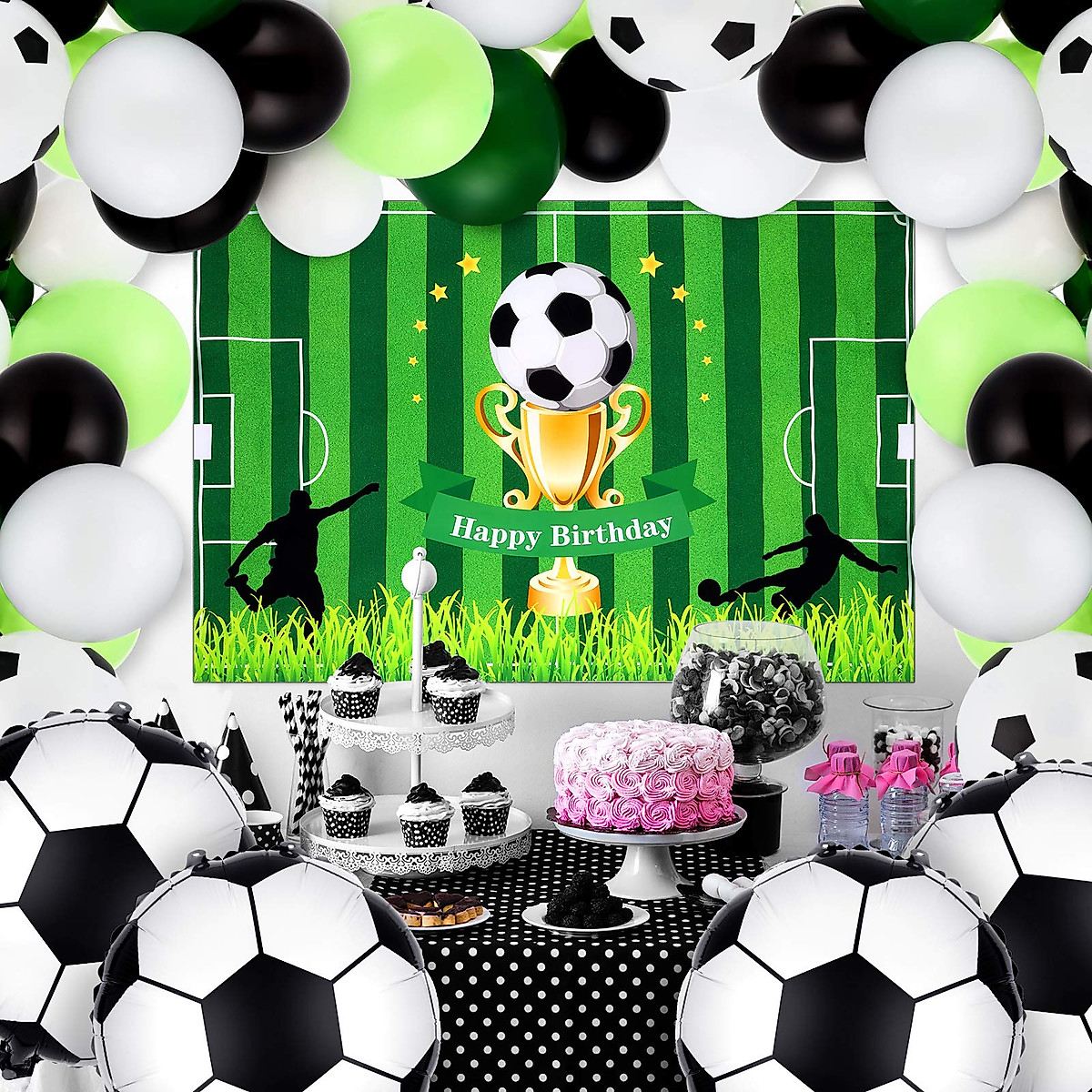 65 Pieces Soccer Party Supplies Football Theme Birthday Decorations Include Soccer Field Background Backdrop Soccer Foil Latex Balloon Football Balloons for Birthday Soccer Theme Party Decoration
