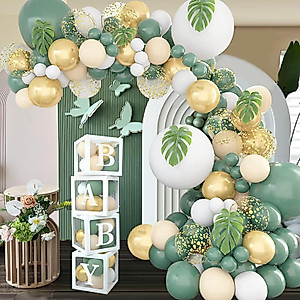 Sage Green Baby Shower Decorations - 4pcs Baby Boxes with Letters for Baby Shower,117pcs Sage Green and White Balloon Arch Kit for Safari Baby Shower Decor,Woodland Birthday Party Decorations