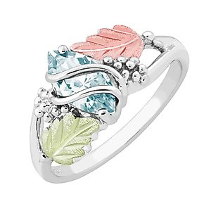Marquise Synthetic Aquamarine March Birthstone Wrap Ring, Sterling Silver, 12k Green and Rose Black Hills Gold Size 8.5