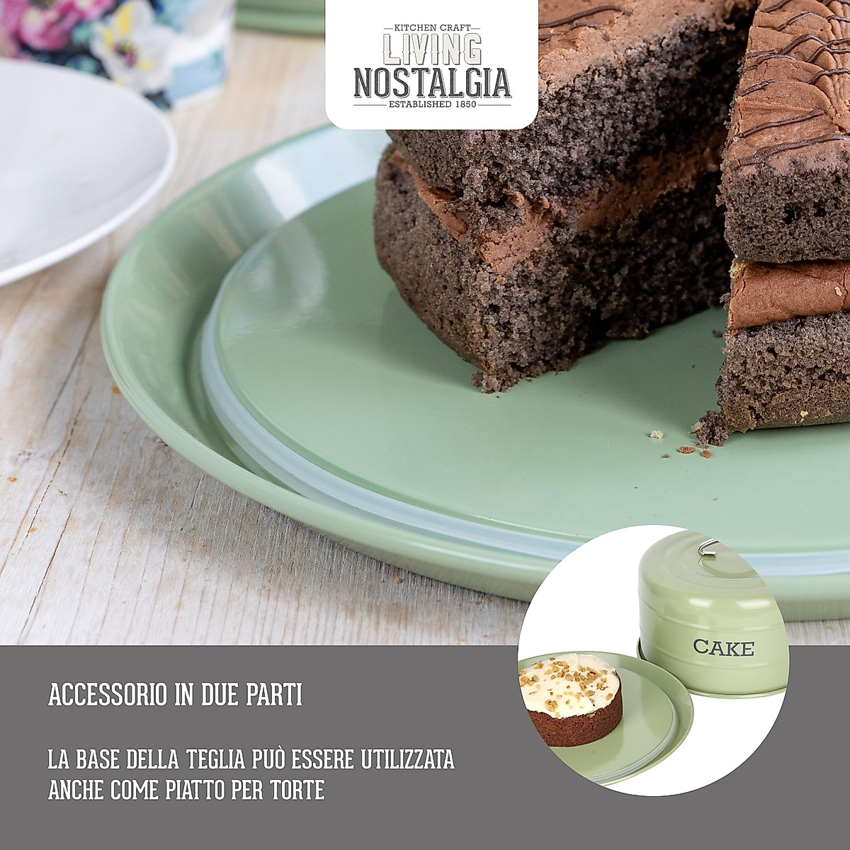Kitchen Craft Living Nostalgia Airtight Cake Storage Tin/Cake Dome, 28.5 x 18 cm, English Sage Green