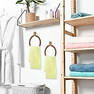 Vesici 2 Pcs Handmade Boho Towel Rack Bead Round Wood Ring Wall Mounted Bathroom Decor Wooden Bath Rings Rustic Farmhouse Hand Holder for Kitchen Stand Accessories