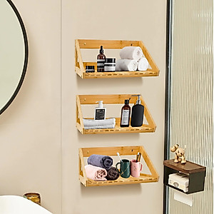 ONEHAUS Floating Shelves Wall Mounted, 3 Pcs Solid Bamboo Wall Hanging Rack Holder, Wall Storage Shelves for Bedroom, Living Room, Bathroom, Kitchen, Office Decor