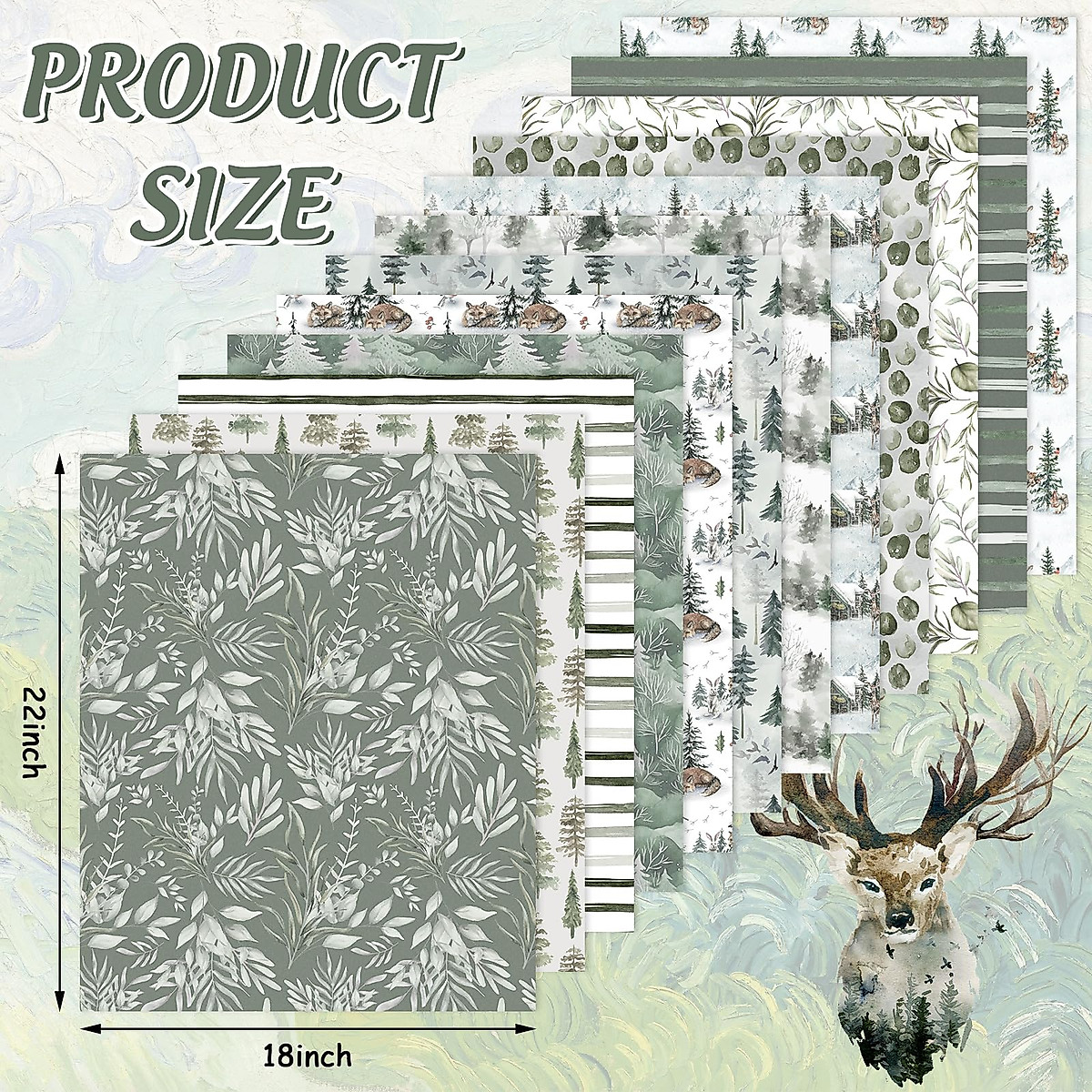 Whaline 12Pcs Christmas Cotton Fabric Bundles 18 x 22 Inch Watercolor Forest Mountain Fat Quarter Xmas Winter Quilting Patchwork for DIY Handmade Sewing Crafting