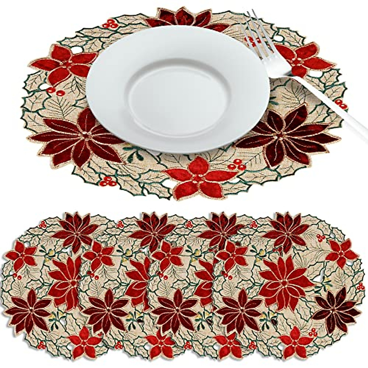 OWENIE Christmas Placemats Set of 4, Embroidered Applique Round Placemats Set of 4, Red Velvet Poinsettia Flower Linen Table Mats for Holiday Kitchen Dining Table Decorations (15 Inch)