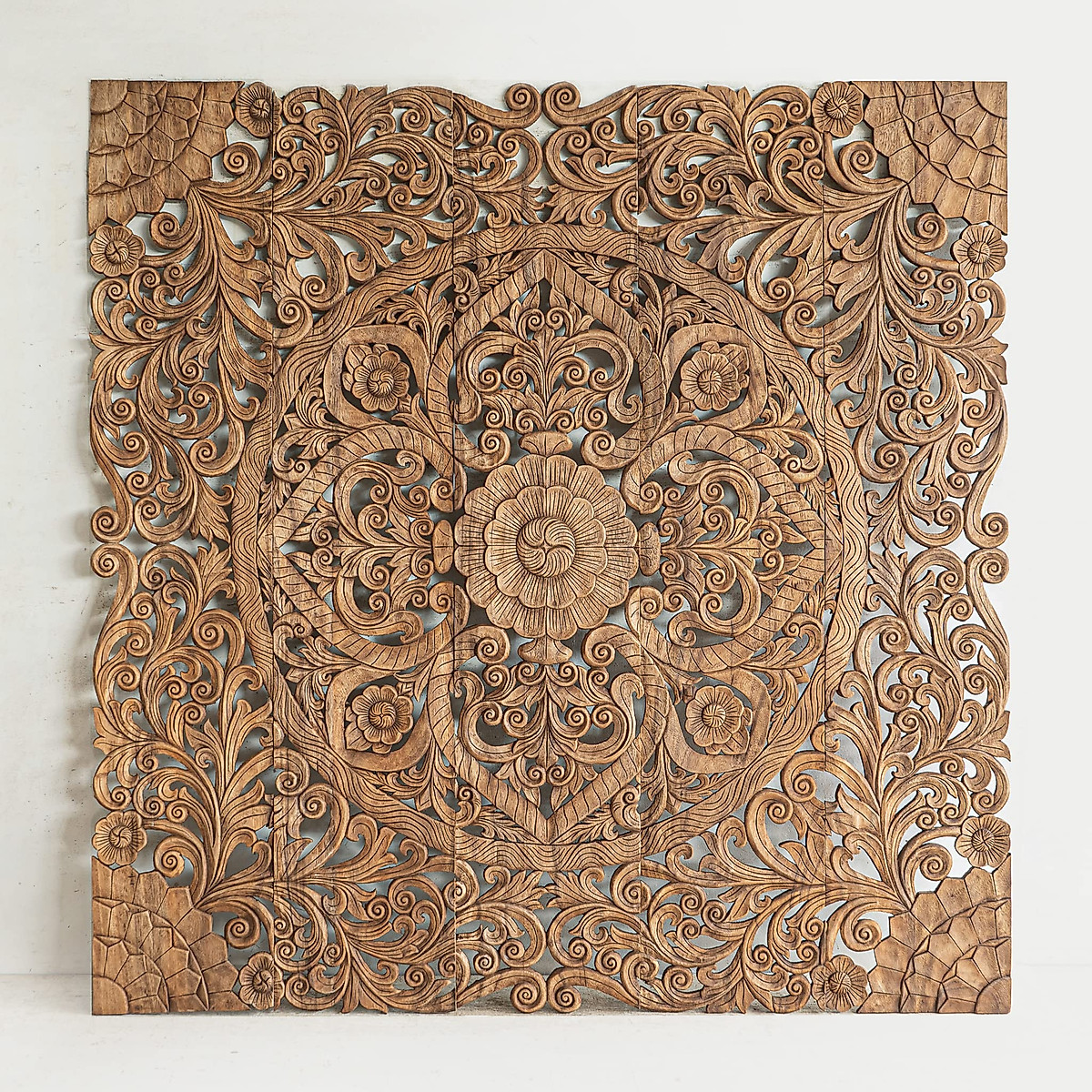 Boho Wood Carve Hanging Headboard, Texas King Size Back Bed, Wall Mounted Carving from Thailand, Brown Color, 80 inches