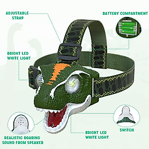 SEVENKA LED Headlamp for Kids, Outdoor Toy Head Lamp Flashlight for Boys Girls Toddler, 3.4oz Lightweight Headlight Camping Gear, Roar/Mute, Birthday Gift (Battery Included)
