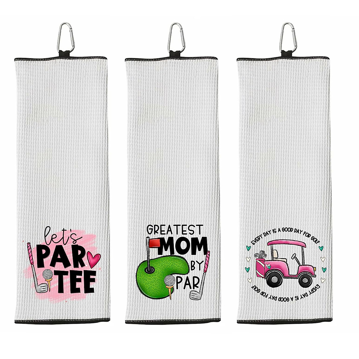 Set of 3 Golf Towels - Let's Par Tee - Greatest Mom by Par - Every Day Is a Good Day for Golf - Tri-fold 100% Microfiber Waffle Weave with Clip