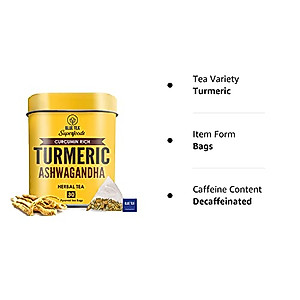 BLUE TEA - Turmeric Ashwagandha Tea - 30 Plant Based Tea Bags | PRIME SAVING DAY | AYURVEDIC BLEND | Turmeric Tea - High in Curcumin - CAFFEINE FREE | Non-GMO - Vegan - Gluten Free | Reusable Tin Pack