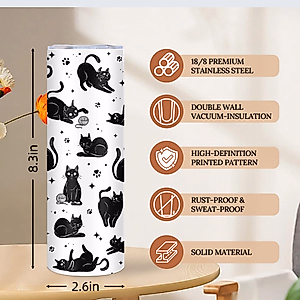 MoYueno Cat Mugs for Cat Lovers, 20oz Slim Black Kitty Tumbler with Lid & Straw & Brush, Kitty Coffee Mugs for Animal Lovers, Animal Gift for Birthday