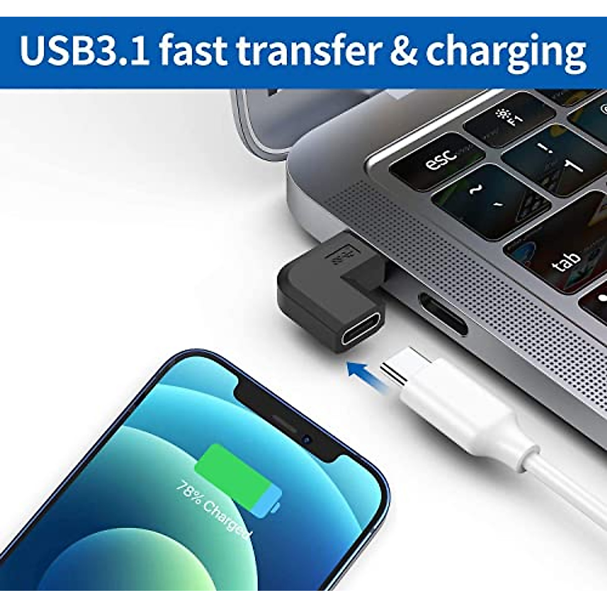 Aoiutrn 90 Degree Type USB C Adapter, 2 Pack USB C to USB-C Fast Charger and Transfer Converter [Right Angle] Compatible for Switch, Notebook Computers, Tablet, and Other Type C Cable Devices