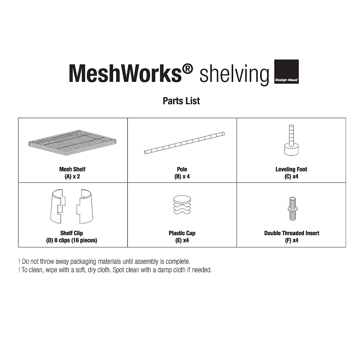 Design Ideas MeshWorks, 2-Tier Steel Shelving Rack, 440lb Capacity Per Shelf, White