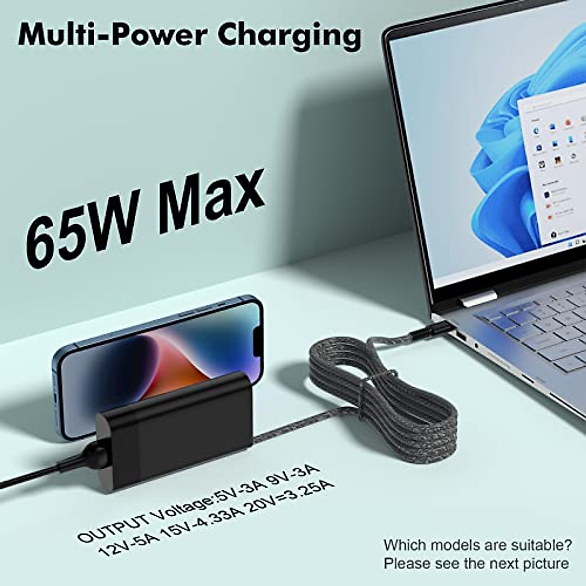 New Slim 65W USB-C Laptop Charger for HP Envy-Spectre-Elitebook-Elite-X2-Probook-Chromebook Type C Travel AC Adapter Power Supply Cord