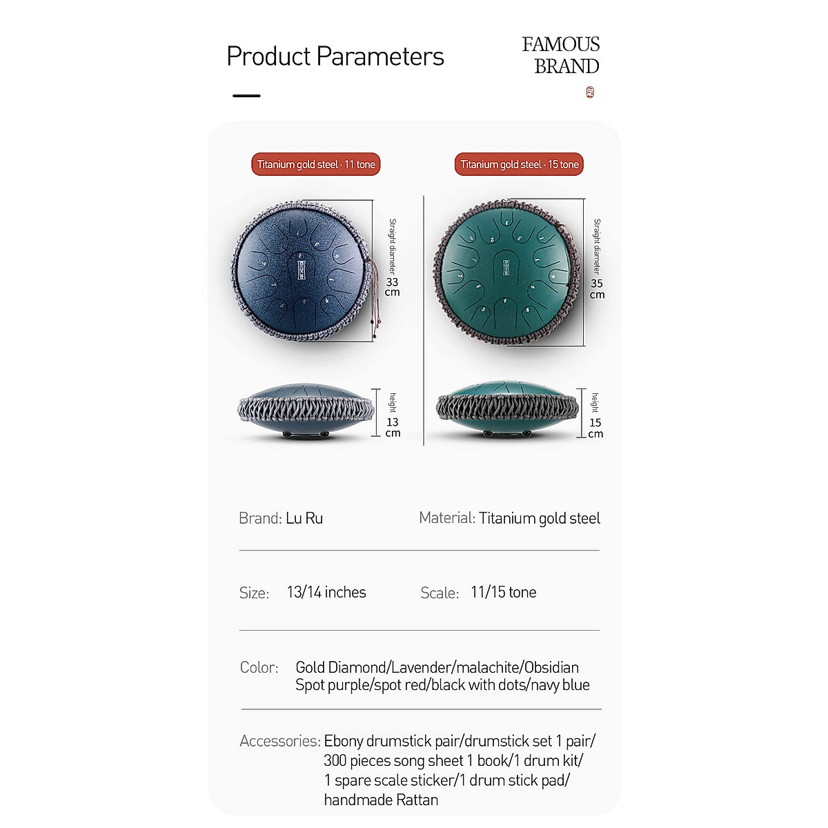 April Yang Tank Drum 15 Note 13 Inch | Hluru Steel Tongue Drum Percussion Instrument | Yoga Meditation Non Screen Music Gifts