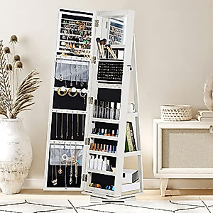 SERWALL 360 Rotating Jewelry Stand Organizer - Freestanding Dressing Mirror Jewelry Cabinet Storage - WHITE