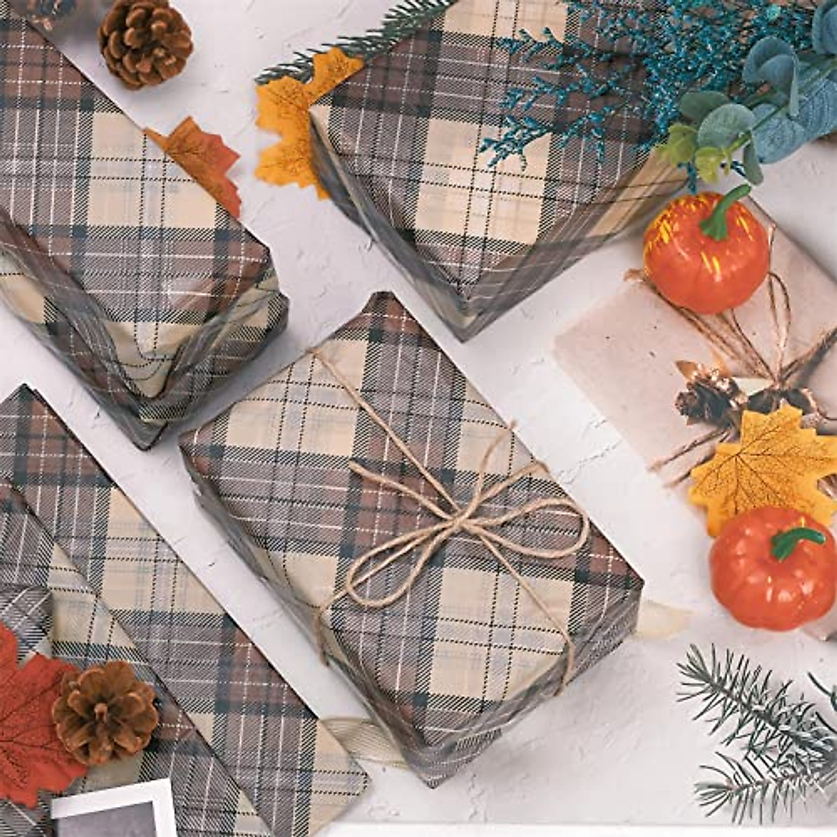 Buffalo Plaid Wrapping Tissue - 60 Sheets, 20 x 20inch, Brown, Fall, Thanksgiving, Rustic Art Paper, DIY Gift Bags, Party Favor, Autumn Decorations