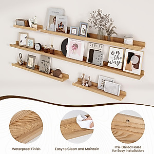 FLYJOE Picture Ledge Shelf 48 Inch | Solid Ash Wood Picture Shelf Set of 2 | 48 Inch Natural Wood Floating Shelves with Lip | Long Picture Shelf for Wall with Ledge | Photo Ledge Shelves - Natural