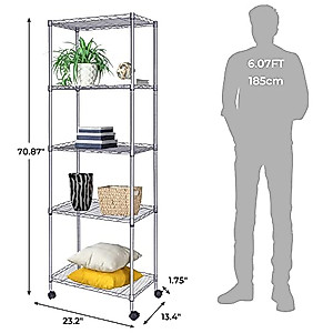 JS HANGER Wire Shelving Unit with Wheels, 5-Tier Heavy Duty Height Adjustable Rolling Metal Shelves for Storage, 550 lbs Capacity, 23.23''W X 13.4''D X 71''H, Silver