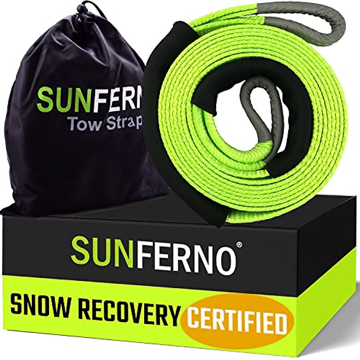 Sunferno Recovery Tow Strap 35000lb - Recover Your Vehicle Stuck in Mud/Snow - Heavy Duty 3" x 20' Winch Snatch Strap - Protective Loops, Water-Resistant - Off Road Truck Accessory - Storage Bag