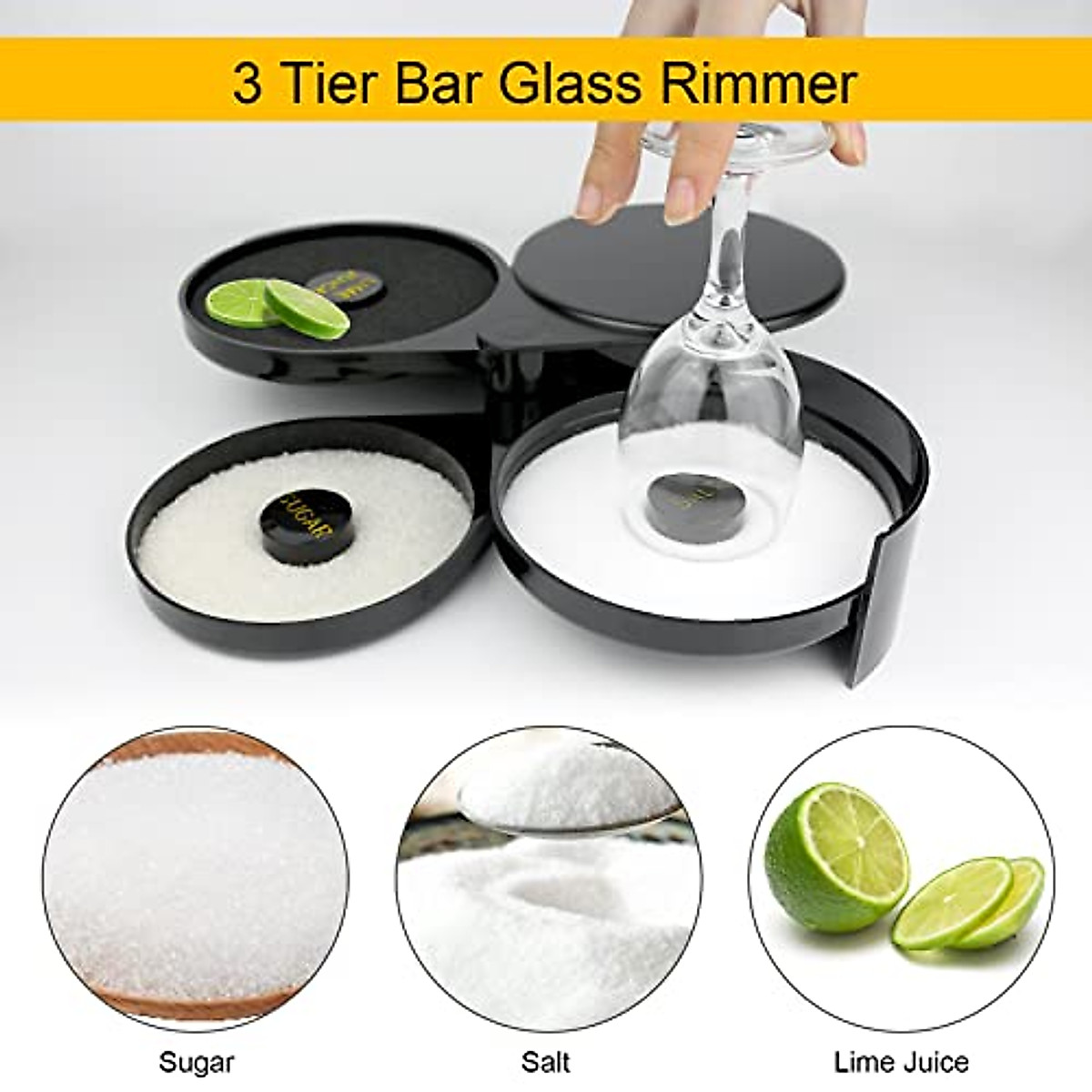 Hotorda 3-Tier Bar Glass Rimmer Bartender Tool with Sponge, 3-Tray Black Plastic Glass Rimming for Cocktails Margaritas Bloody Marys and Gimlets