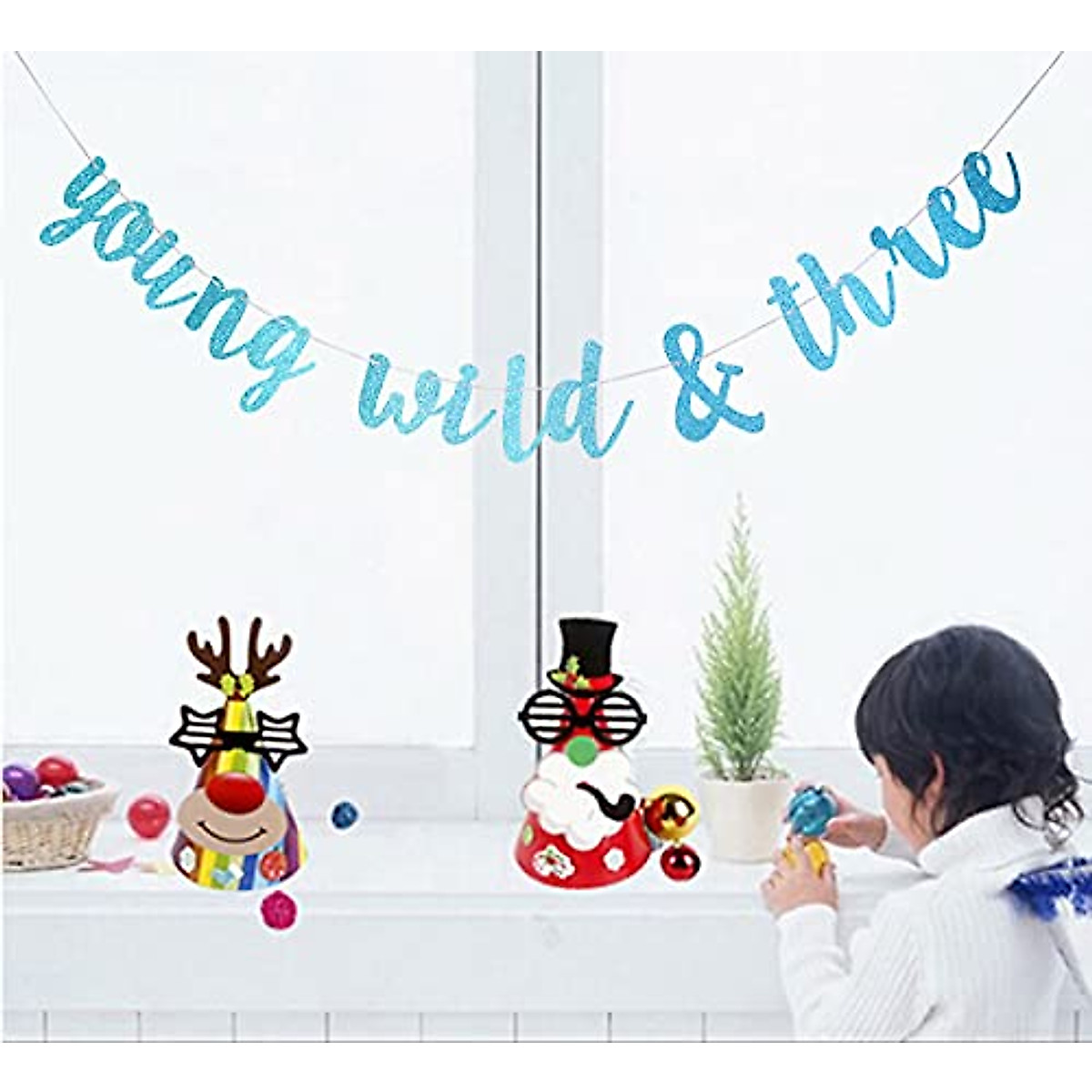 Young Wild and Three Banner -Blue Glitter Happy 3rd Birthday Party Decoration Bunting Photo Props，Children's Birthday Party Supplies