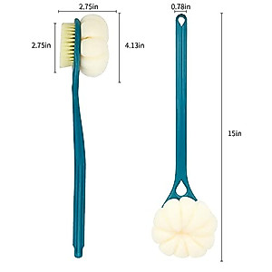 Shower Body Brush with Bristles and Loofah, Frosted Bath Net Sponge with 15 Inch Handle for Skin Exfoliation Shower, Massage Bristles, Wet Or Dry Brushing,Back Brush for Men and Women,Green