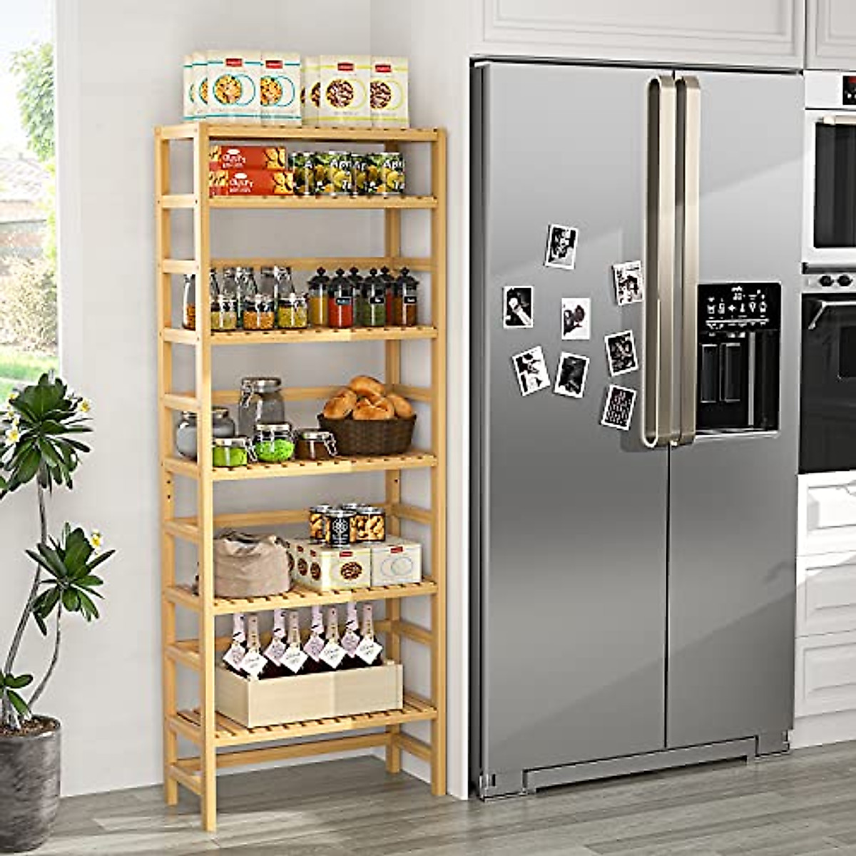 Homykic Bookshelf, 6-Tier Bamboo Adjustable 63.4” Tall Bookcase Book Shelf Organizer, Free Standing Storage Shelving Unit for Living Room, Kitchen, Bedroom, Bathroom, Office, Rust Resistance, Natural