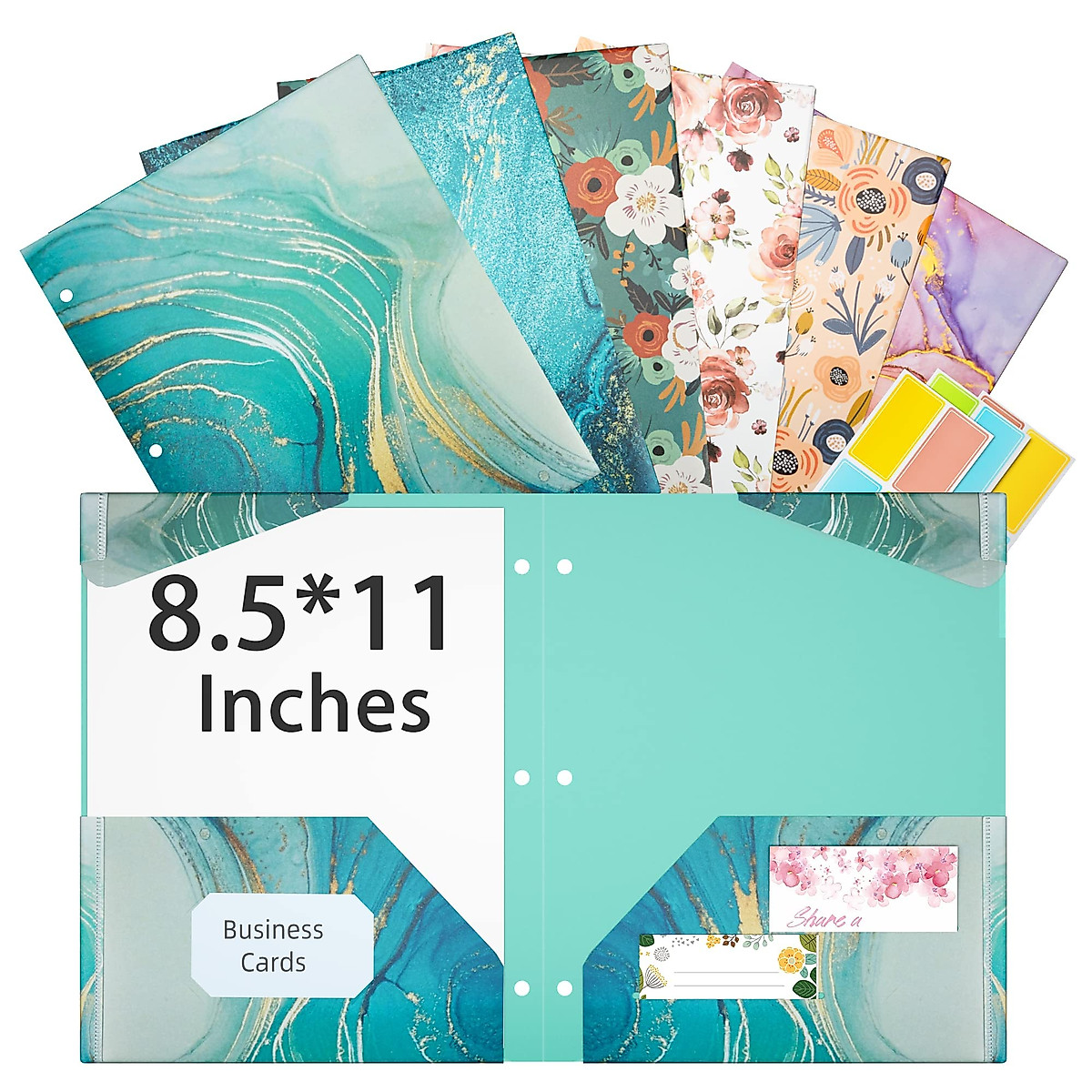 Ospelelf Folders with Pockets, Waterproof Plastic Folder with Two Fixed Corner Tabs and 2 Pockets Includes Business Card Slot, Includes Sticker, Fits 3 Ring Binder Holds 11" x 8.5", 6-Pack