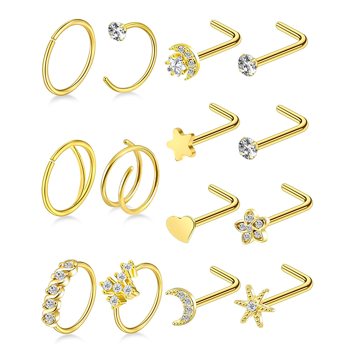 ONESING 14 PCS 20G Nose Rings for Women Nose Piercings Jewelry Gold Nose Rings Hoops Nose Studs Screw for Women Men, Stainless Steel, cubic zirconia