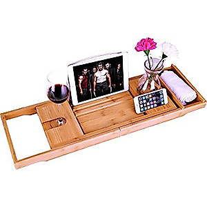 BOSSJOY Luxury Wood Bamboo Bathtub Bath Tub Caddy Tray with Extending Sides Built in Book Tablet Phone Wineglass Holder
