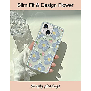 GUSDBSW Compatible with iPhone 13 Case Cute for Women Girls, Fashion Wave Grip Design & Aesthetic Curly Pattern, Clear Soft TPU Phone Case - Blueberry Flower