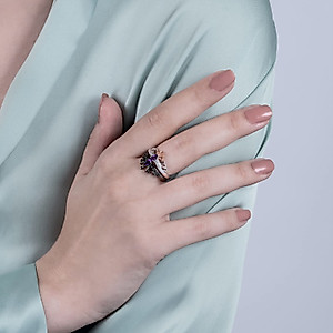 Jewelili Enchanted Disney Fine Jewelry Black Rhodium &14K Rose Gold Over Sterling Silver 5x3 MM Pear Amethyst with 1/5 Cttw Treated Black & Natural White Round Diamond Ariel Villains Duo Ring, Size 8