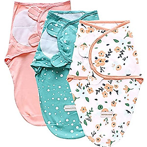 Hooyax Swaddle Blanket for Baby Boys and Girls, Cotton Swaddle Wrap Adjustable Sleep Sack for Newborn Baby, 3 Pack, Pink+Green+Floral Large(3-6 Months)