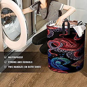 Laundry Basket Hamper with Handles Ocean Octopus Waves Fish Canvas Freestanding Dirty Clothes Hampers Waterproof Lightweight Large Storage Basket for Bedroom Dorm Clothes Towels Toys Organizer