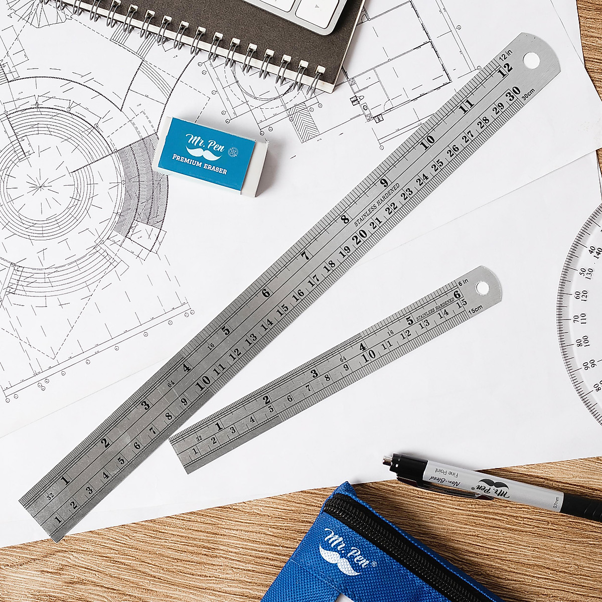 Mr. Pen Steel Rulers, 6 inch and 12 inch Metal Rulers, Pack of 2