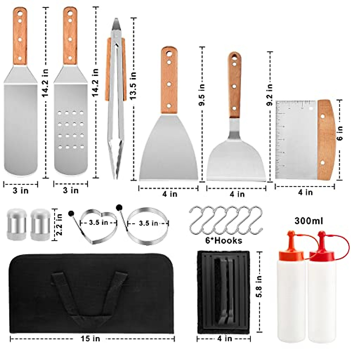 Joyfair Griddle Accessories Set for Camp Teppanyaki, 20 PCS Stainless Steel Griddle Grilling Tools Metal Spatulas, Scrapers, Tong, Egg Ring, Brush, Black Carry Bag for Indoor & Outdoor Use