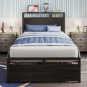 LIKIMIO Twin XL Bed Frames with Drawer, Storage Headboard with Outlets, No Box Spring Needed, Easy Assembly, Gray Black