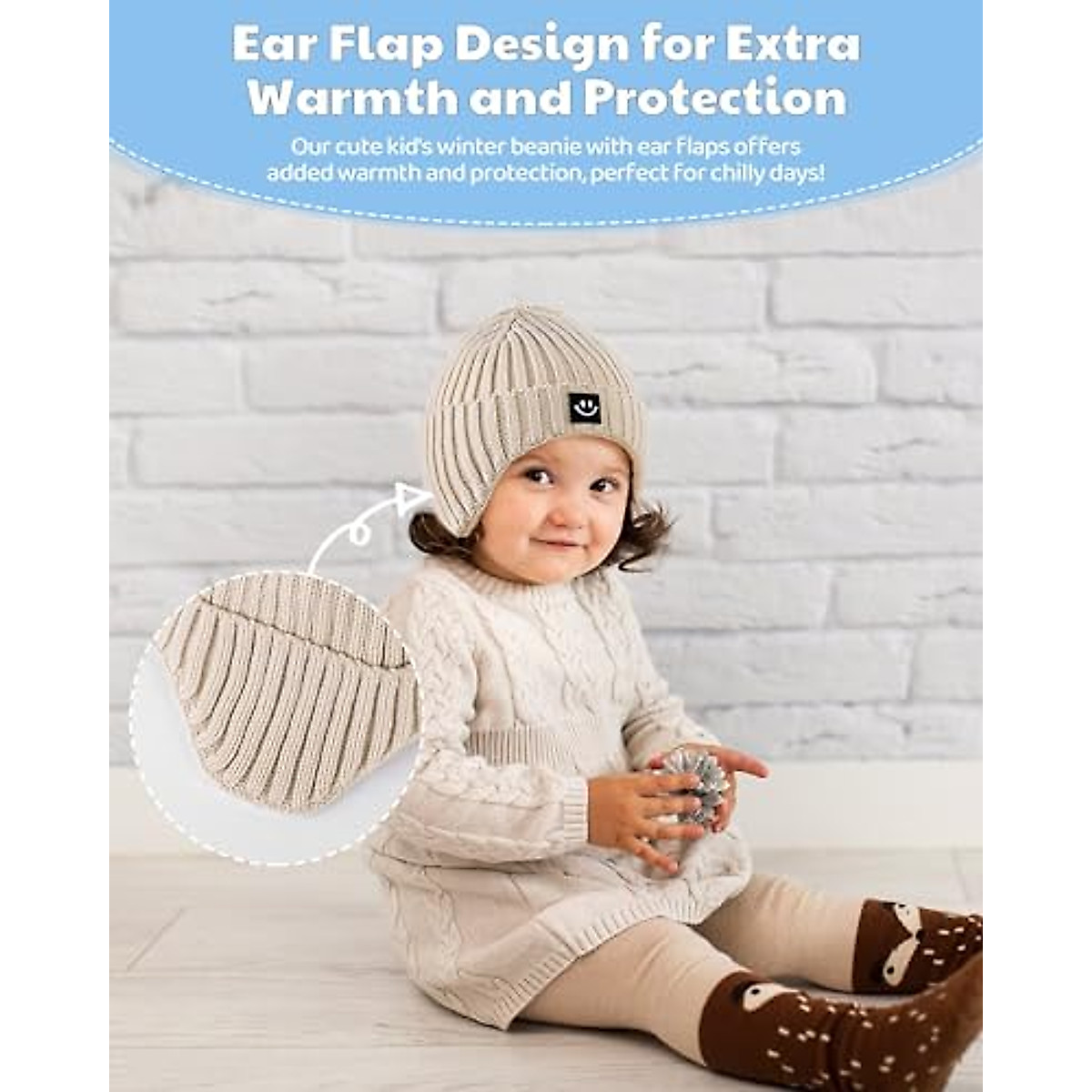 3 Pack Baby Beanie Hats with Earflaps, 2 Size Baby Winter Hat for Newborn Infant Toddler Kids Children with Cute Smiley Face, Soft Warm Fleece Lined Knit Hat for Girls Boys-15 Pink