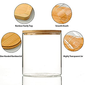 2 Pack 20oz Glass Qtip Holder with Bamboo Vanity Tray Glass Cotton Ball Holder Apothecary Jars Bathroom Organizer Canisters with Lids for Cotton Swabs Cotton Pads Dental Floss Makeup Brush Perfume.