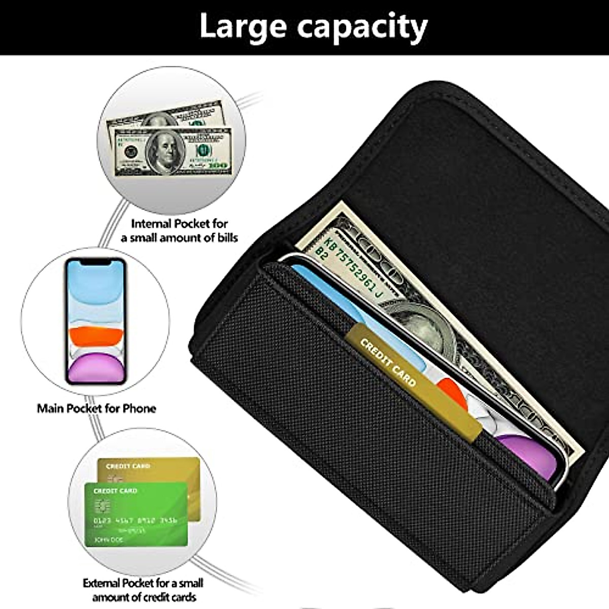 ykooe Rugged Nylon Holster for iPhone 14, 14 Pro, 13, 13 Pro, 12, 12 Pro, 11, 11 Pro, XR, Galaxy S23, S22 Cell Phone Belt Holder for Men (Fits Phone with Otterbox Commuter/Symmetry Case on), L