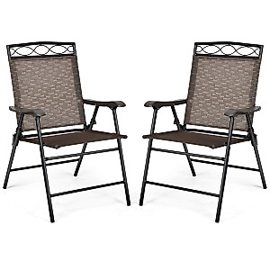 Giantex Set of 2 Patio Chairs, Outdoor Folding Lawn Chairs for Beach, Backyard, Deck, Patio Dining Chairs, Sling Chairs with Armrest and Metal Frame, Folding Camping Chairs (Brown)