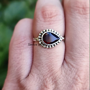 Natural Garnet Faceted Pear Gemstone Minimalist Ring For Women, Solid 925 Sterling Silver January Birthstone Handmade Solitaire Ring For Her