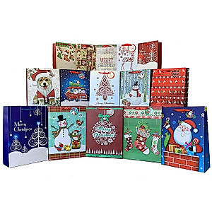 Christmas Gift Bags Assorted Sizes - Set of 15, Bulk, Large, Medium, Small, Handles, Gift Tags Included, Festive Holiday Gift Wrapping, Santa, Snowman, Reindeer