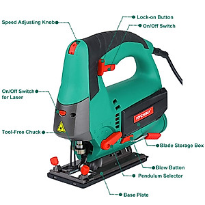 HYCHIKA Jig saw, 6.7A Jig Saw 800-3000SPM with 6 Variable Speeds, 4 Orbital Sets, Bevel Angle 45°, 6PCS Blades, Pure Copper Motor, Laser Guide, Wood Metal Plastic Cutting