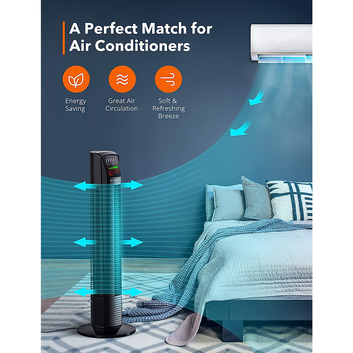 Tower Fan, 65°Oscillating Cooling Fan Powerful Floor Fan with Remote, LED Display, 9 Modes, Easy Clean, Up to 12H Timer, Bladeless Standing Fan Portable for the Whole Room Home Office