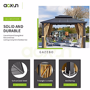Aoxun 10'x12' Hardtop Gazebo, Outdoor Galvanized Double Roof Gazebo with Aluminum Frame Permanent Pavilion and Curtains & Netting for Backyard, Patio, Deck, Parties (Brown)